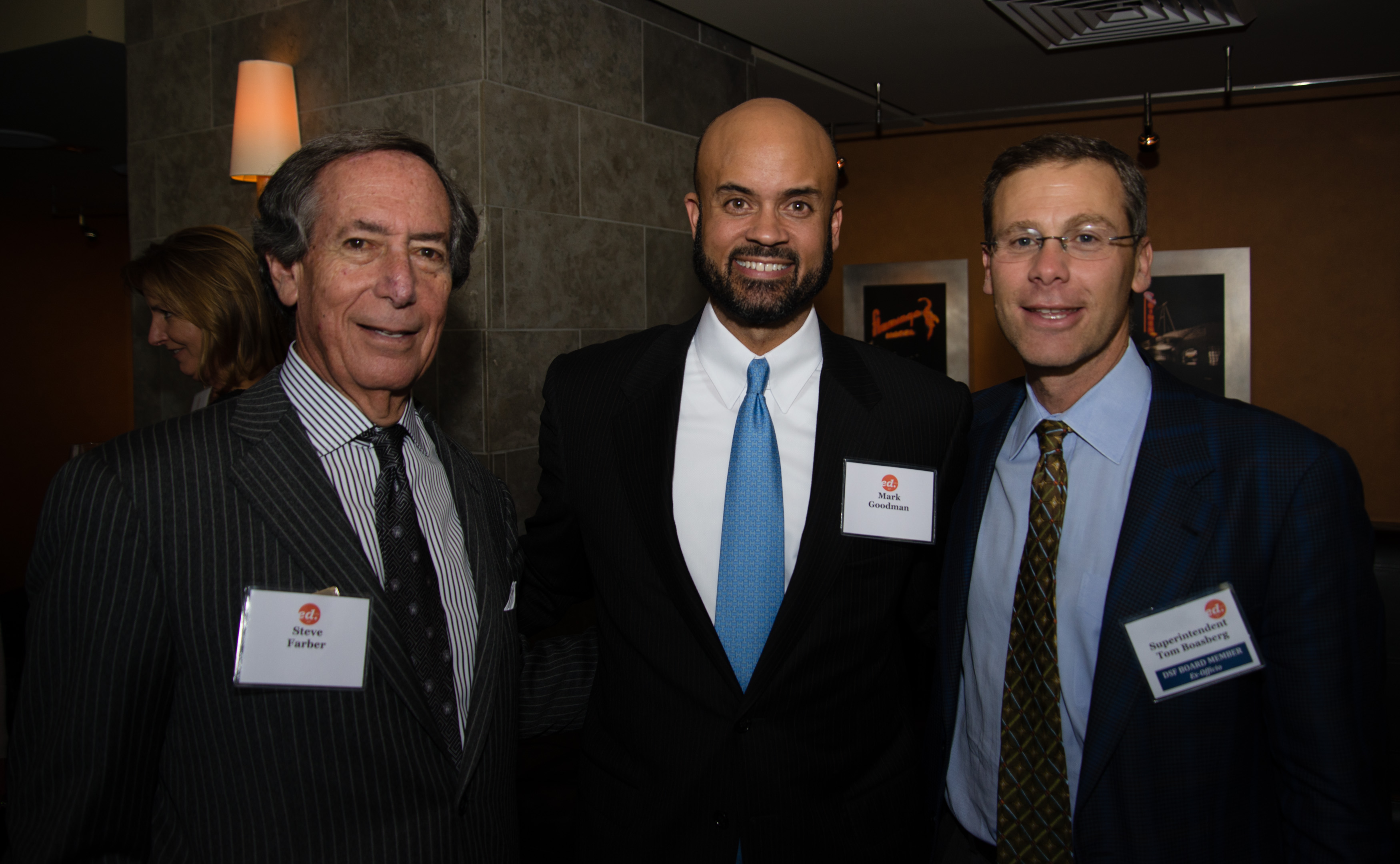 Steve Farber, left, with Mark Goodman and DPS Superintendent Tom Boasberg