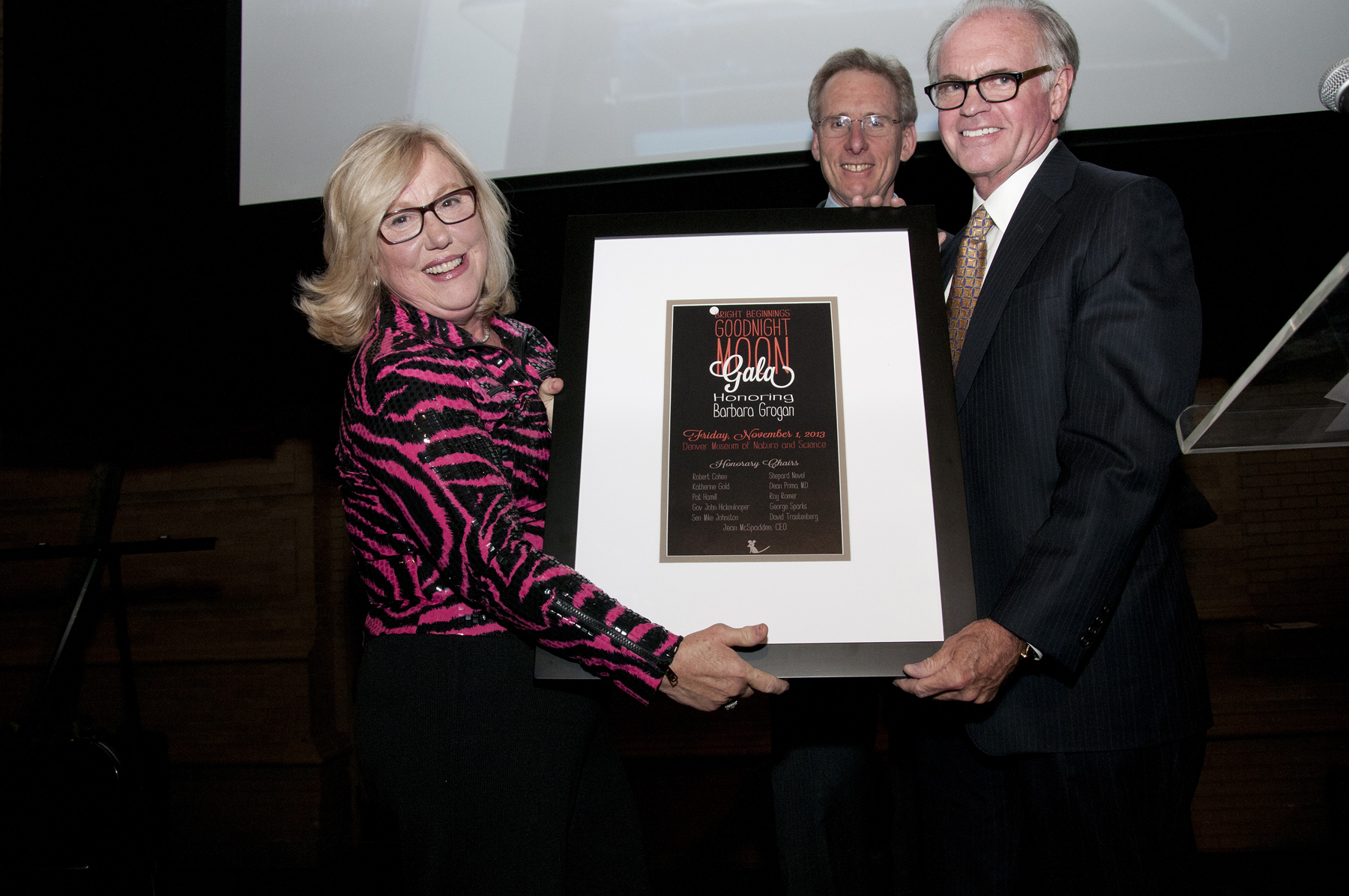 Barbara Grogan, honoree, Shepard Nevel, board chair, and George Sparks