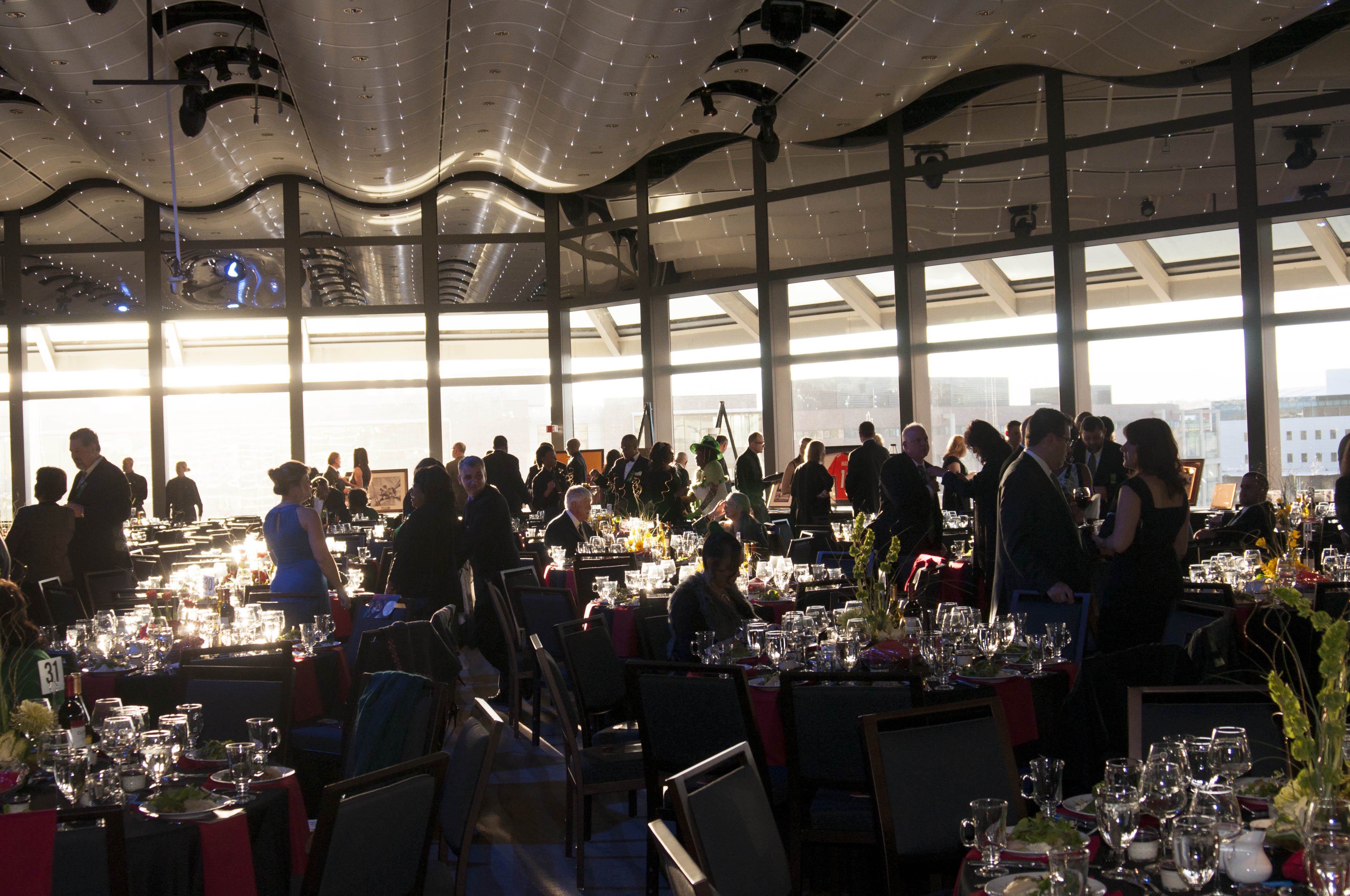 Sunset beams through the Seawell Ballroom