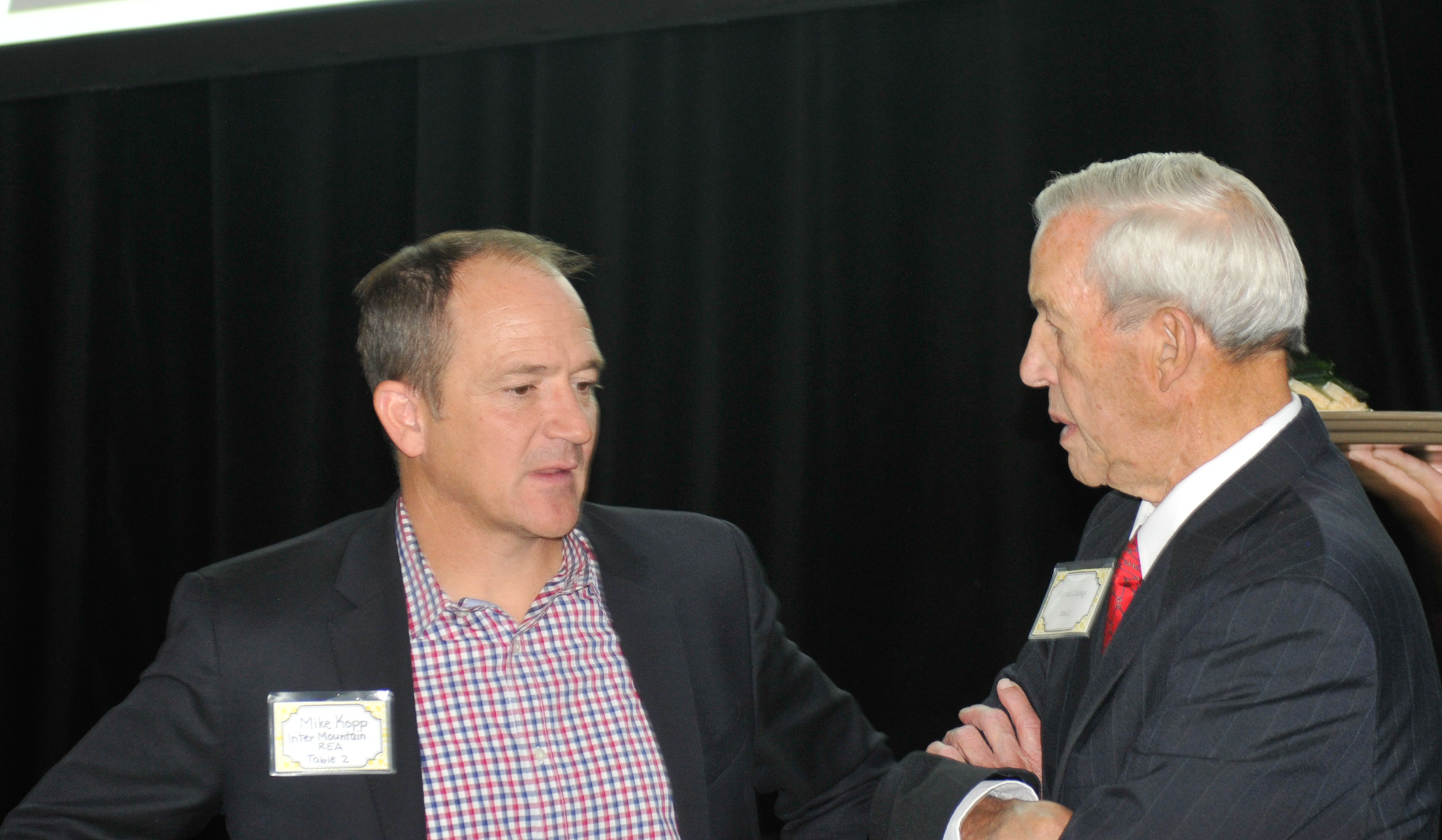 Mike Kopp, left, chats with Kerm Darkey