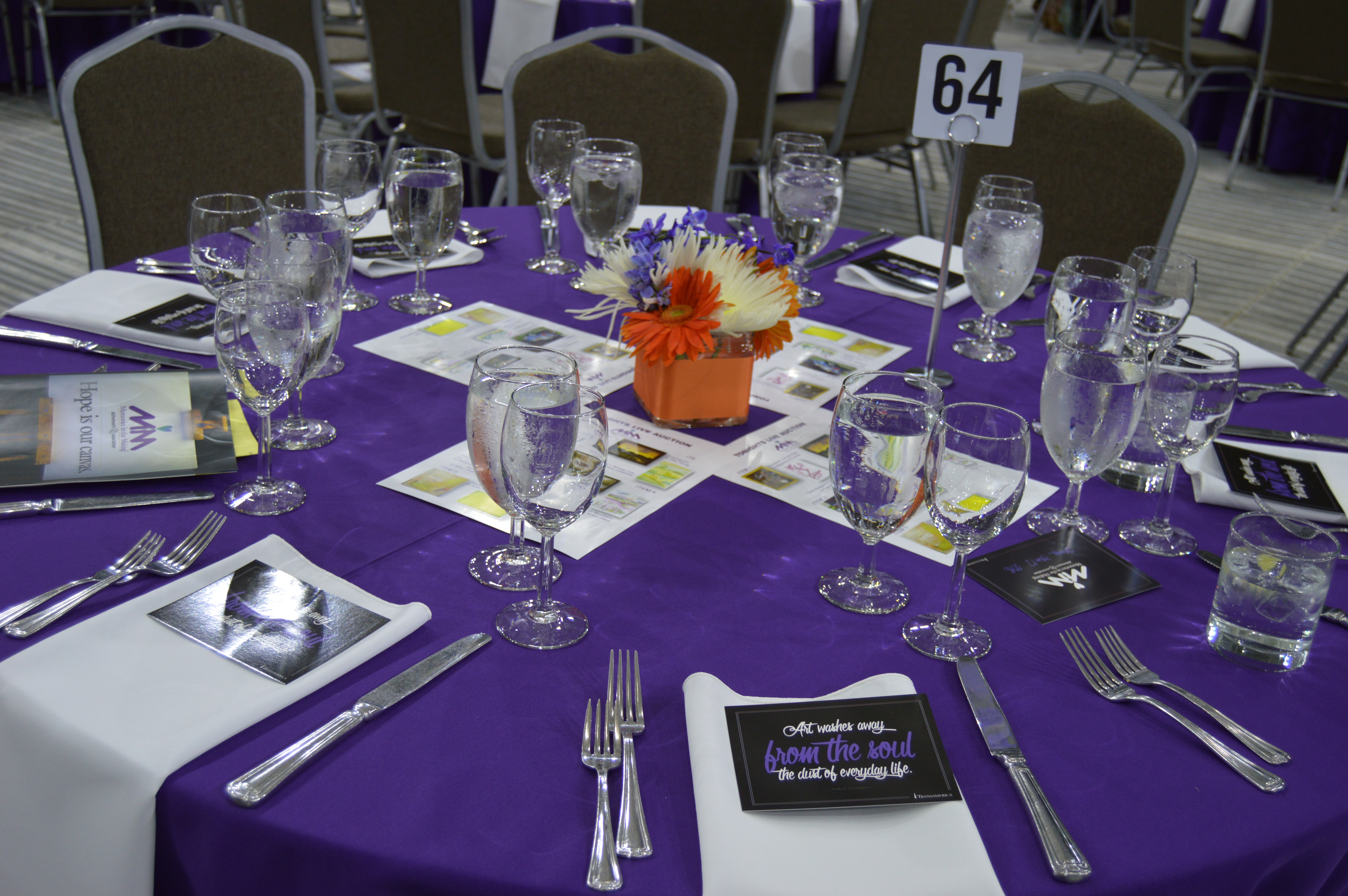 Tables reflecting Alzheimer's purple are set for 800 guests.