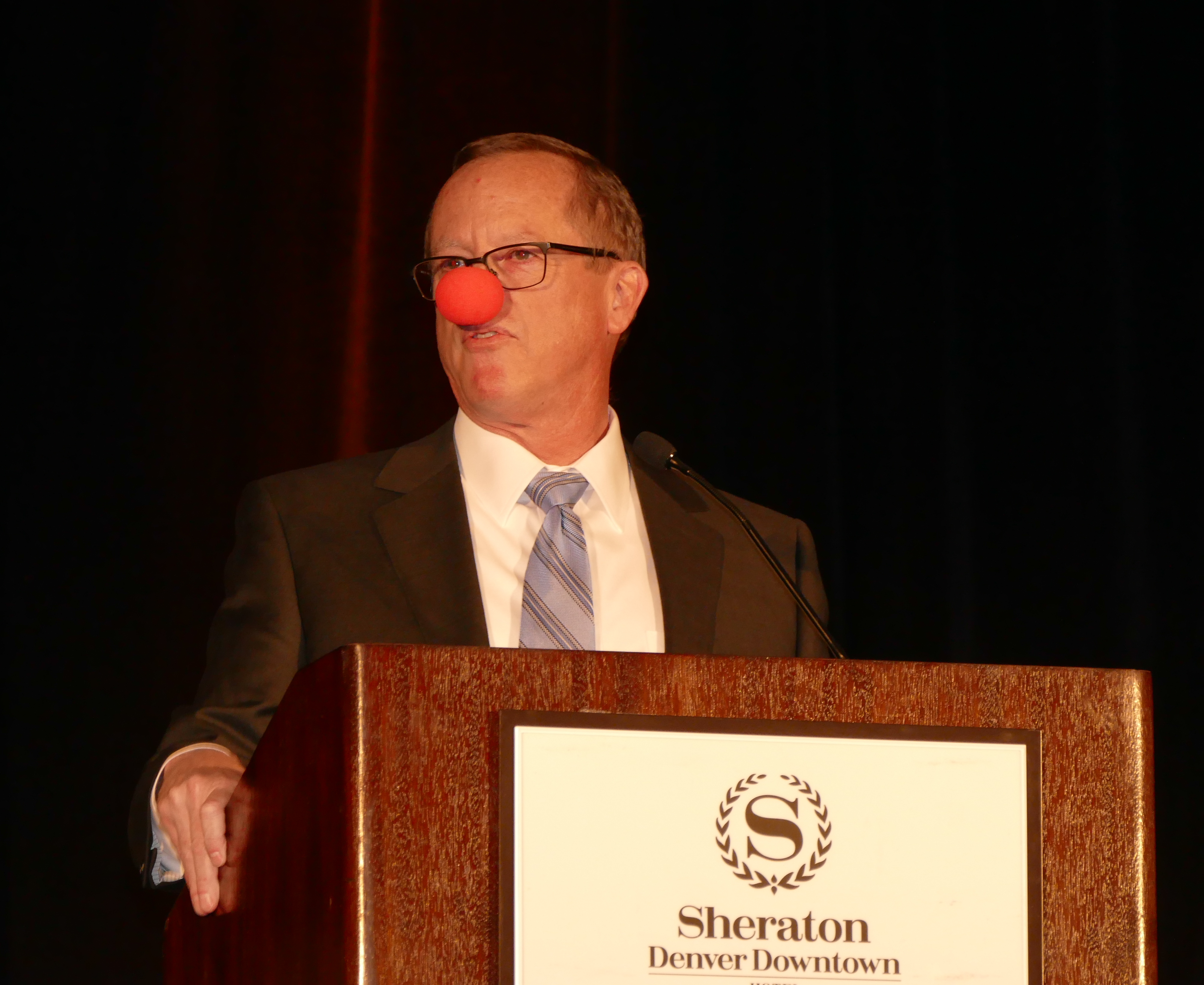 Jeff Wren wears the trademark Patch Adams red nose