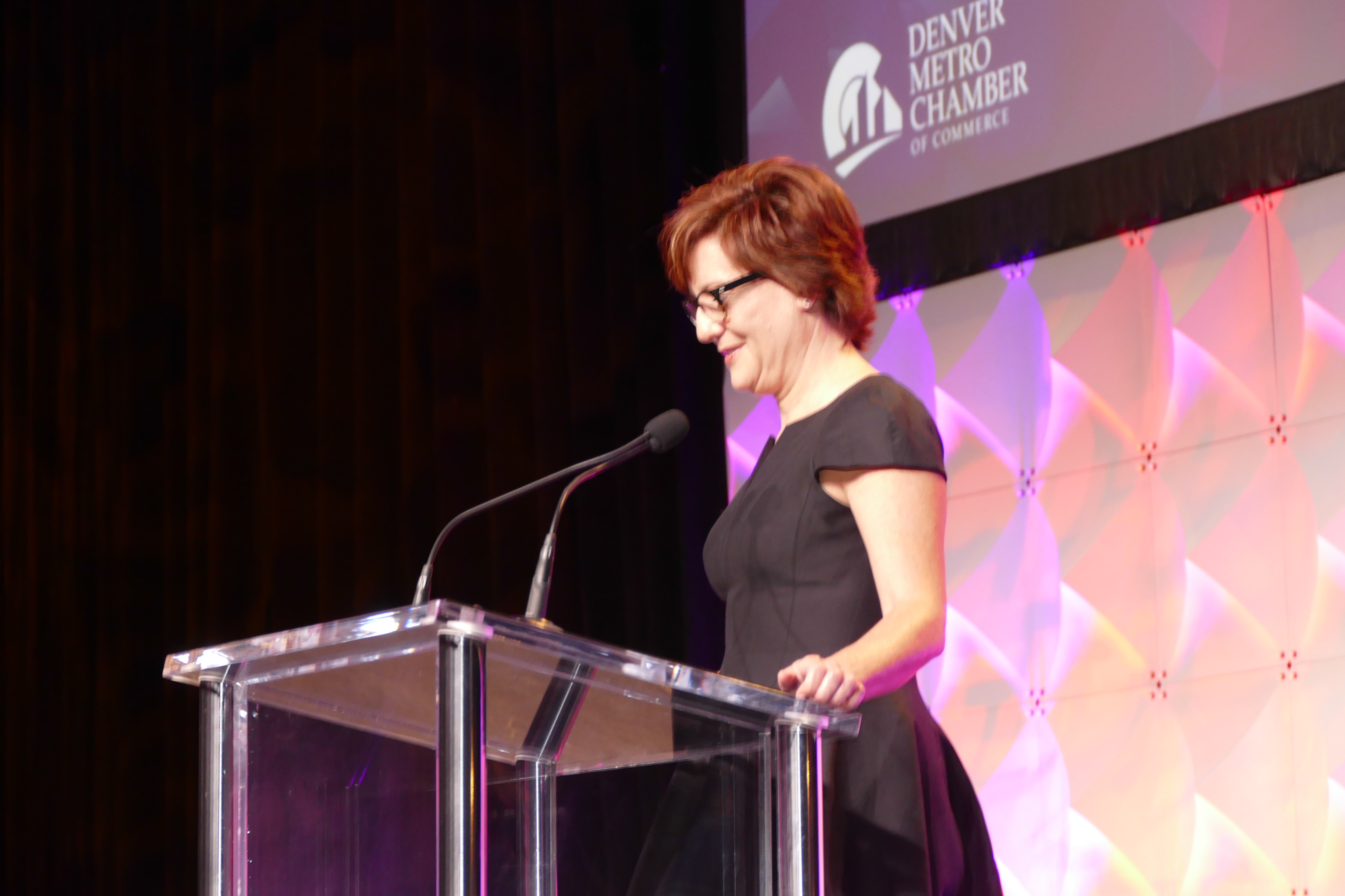 Denver Metro Chamber President and CEO Kelly Brough addresses the crowd