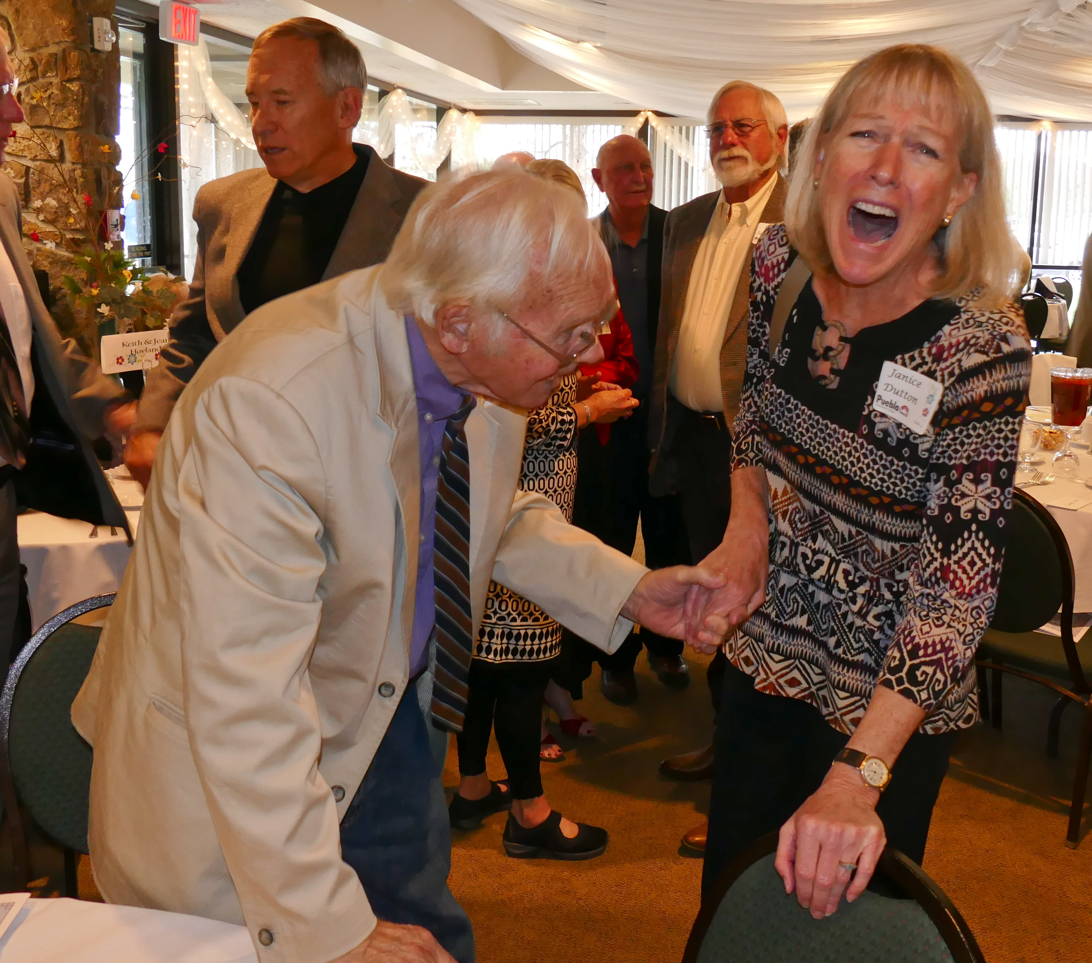 Tom Gribben jokes around with Janice Dutton