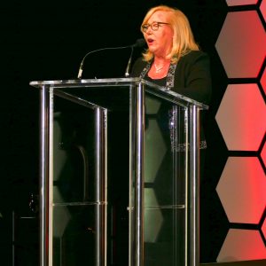 Inductee Barbara Grogan makes a point