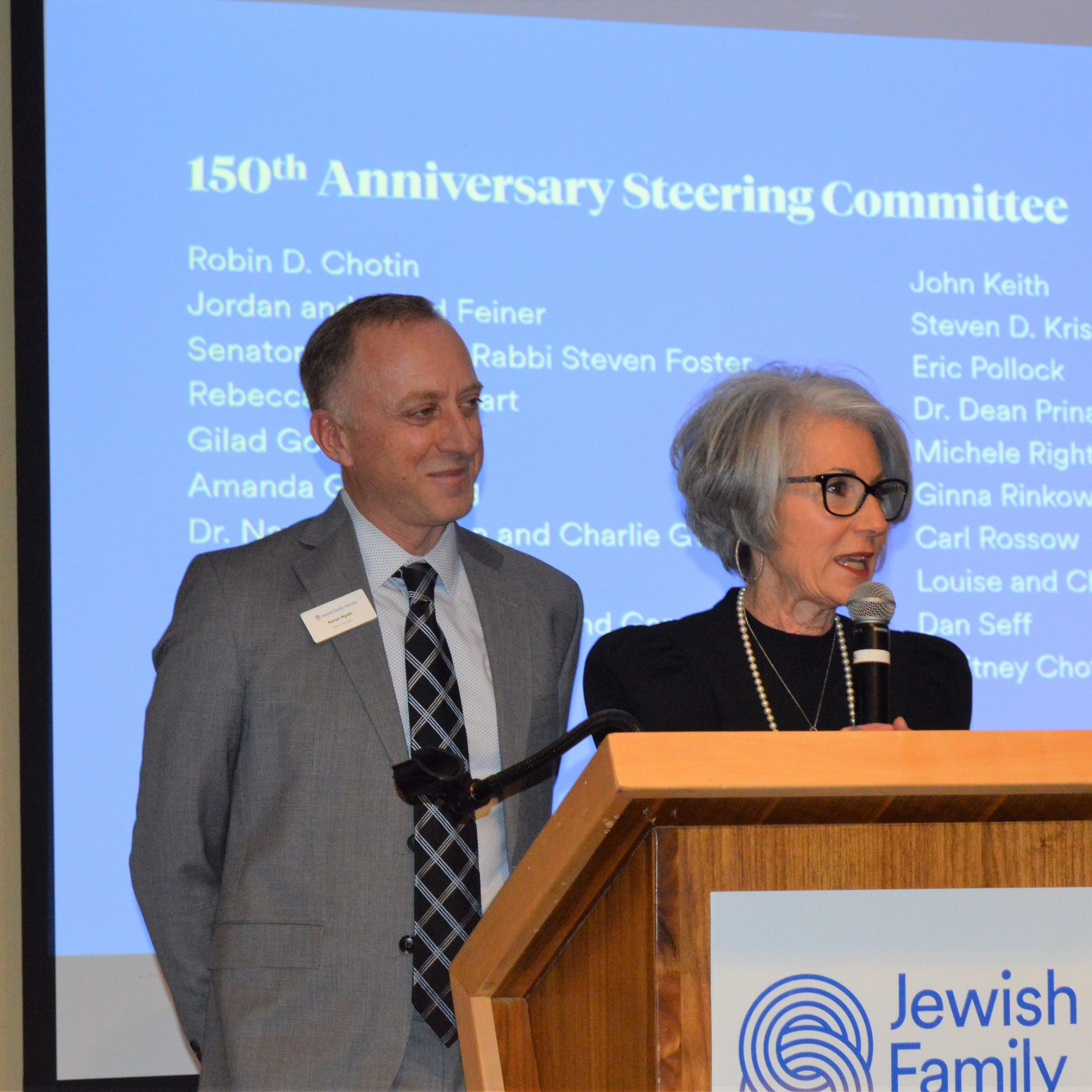 Aaron Hyatt, board chair, and Jane Rosenbaum, JFS 150th Anniversary Chair
