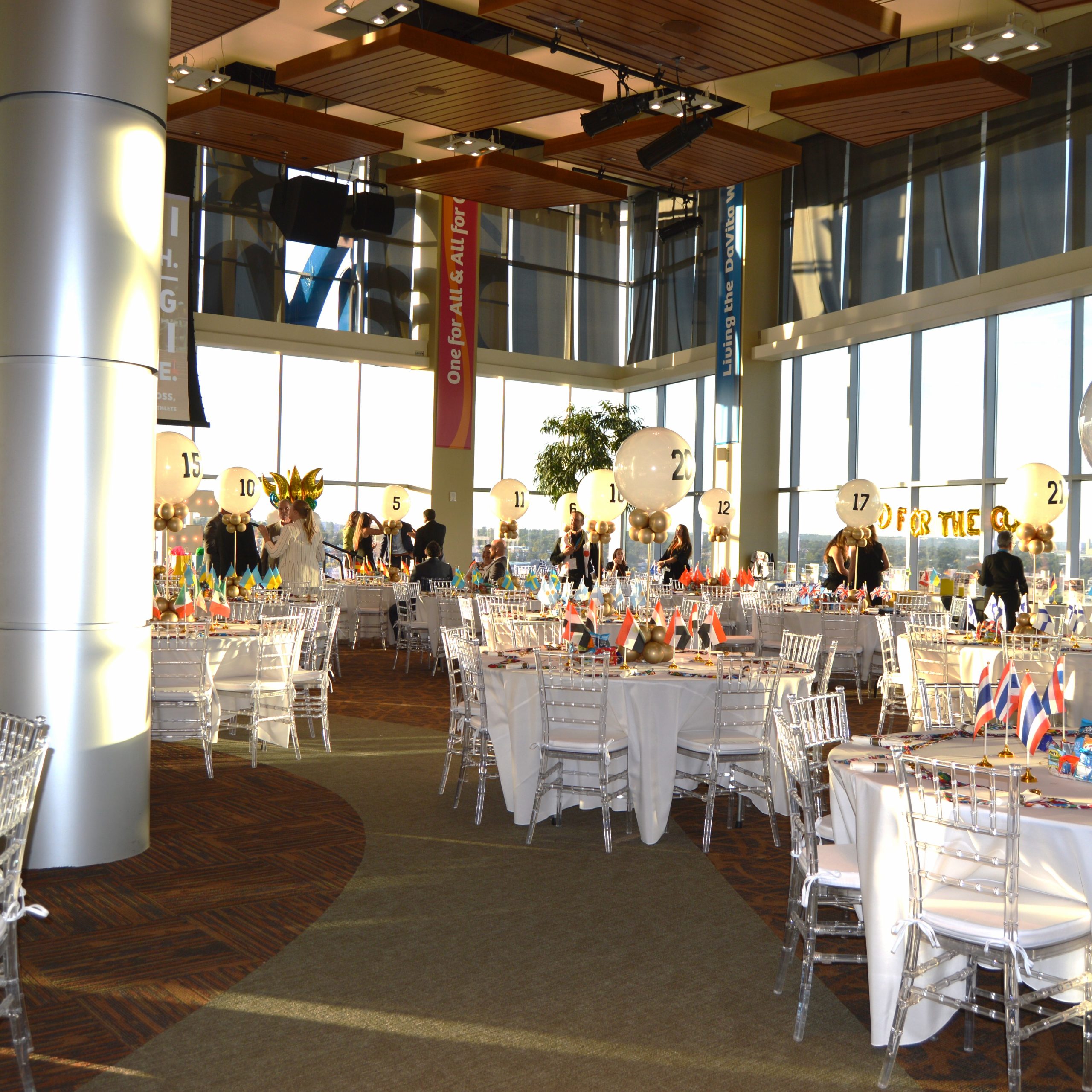 Tables are set in the Sky Lounge.
